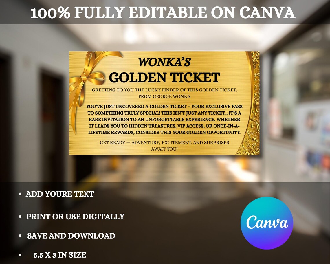 Printable Wonka's Golden Ticket Template, Editable Ticket, Event Ticket ...