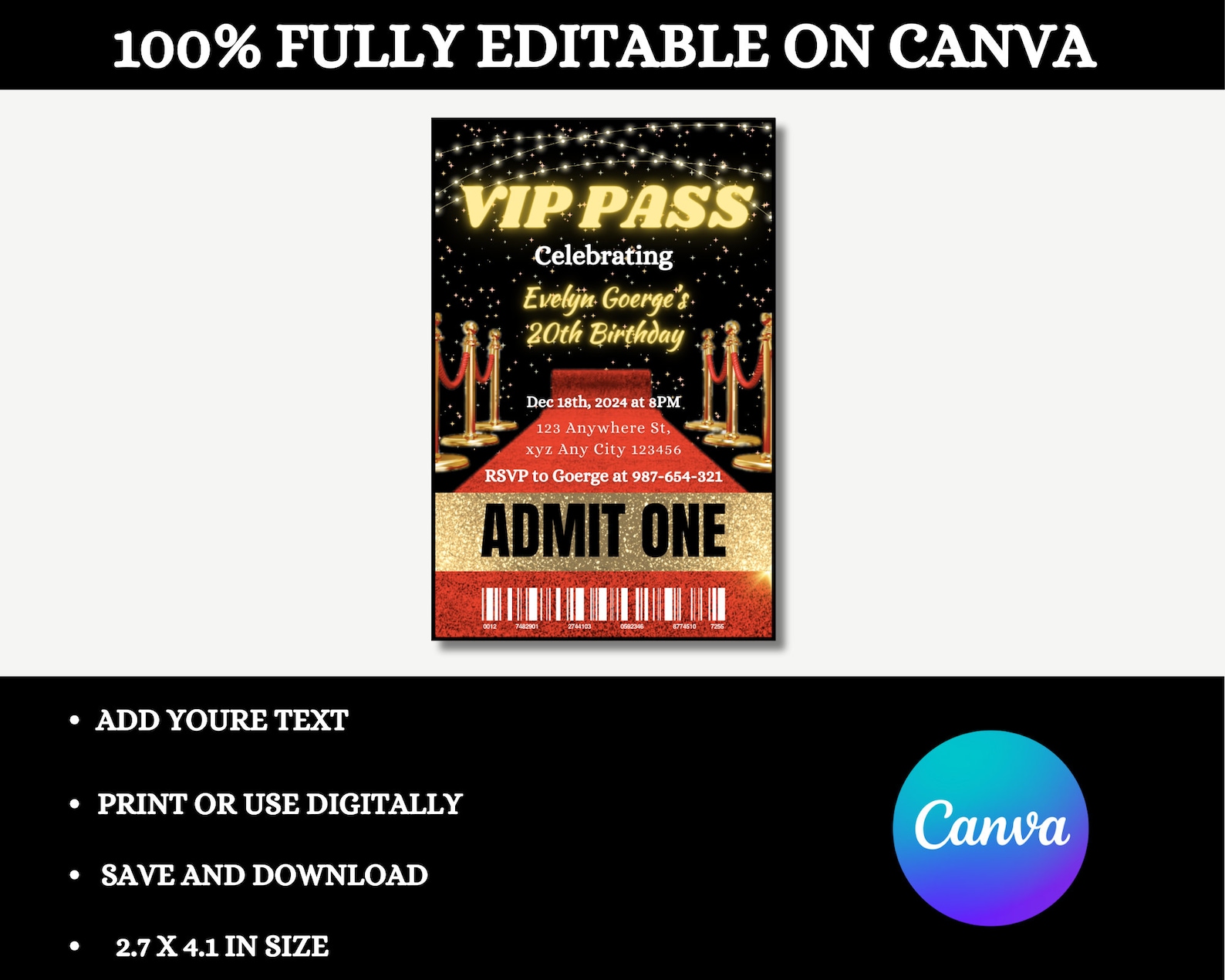 Editable VIP Pass Party Template, Printable Red Carpet VIP Pass ...
