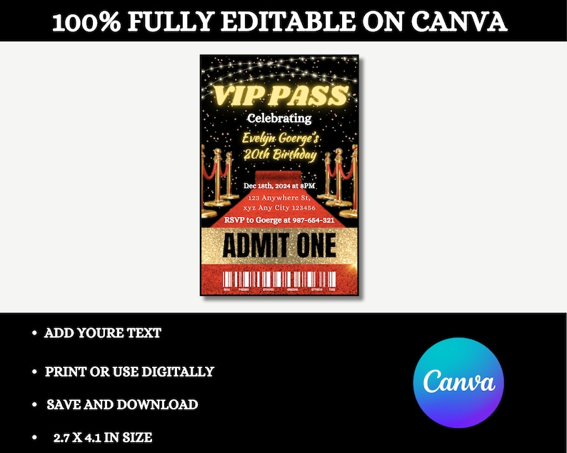 Editable VIP Pass Party Template, Printable Red Carpet VIP Pass ...