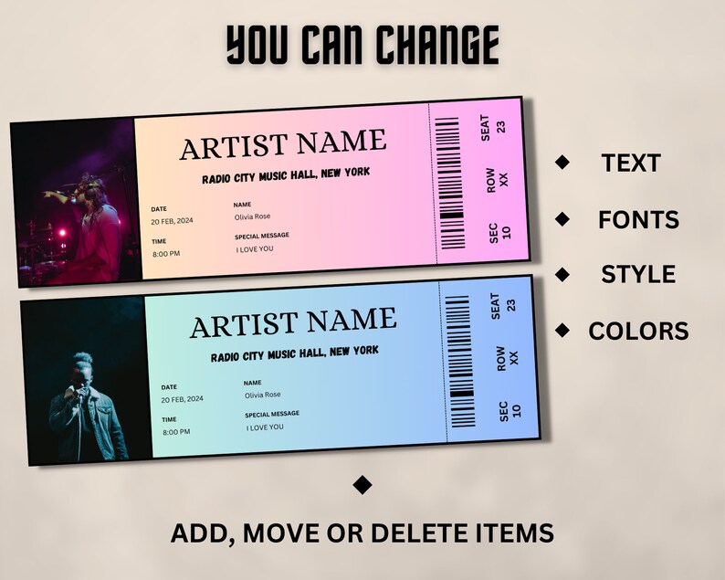 Editable Concert Ticket Template DIY Event Ticket Custom - Etsy