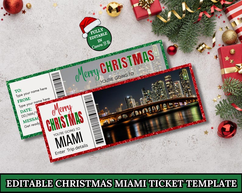 Christmas Miami Travel Ticket, Miami Gift Ticket, Custom Fake Airplane ...