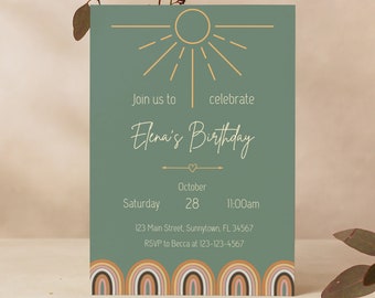 Editable Boho Birthday Invitation, Modern Boho Invitation, Rainbow ...