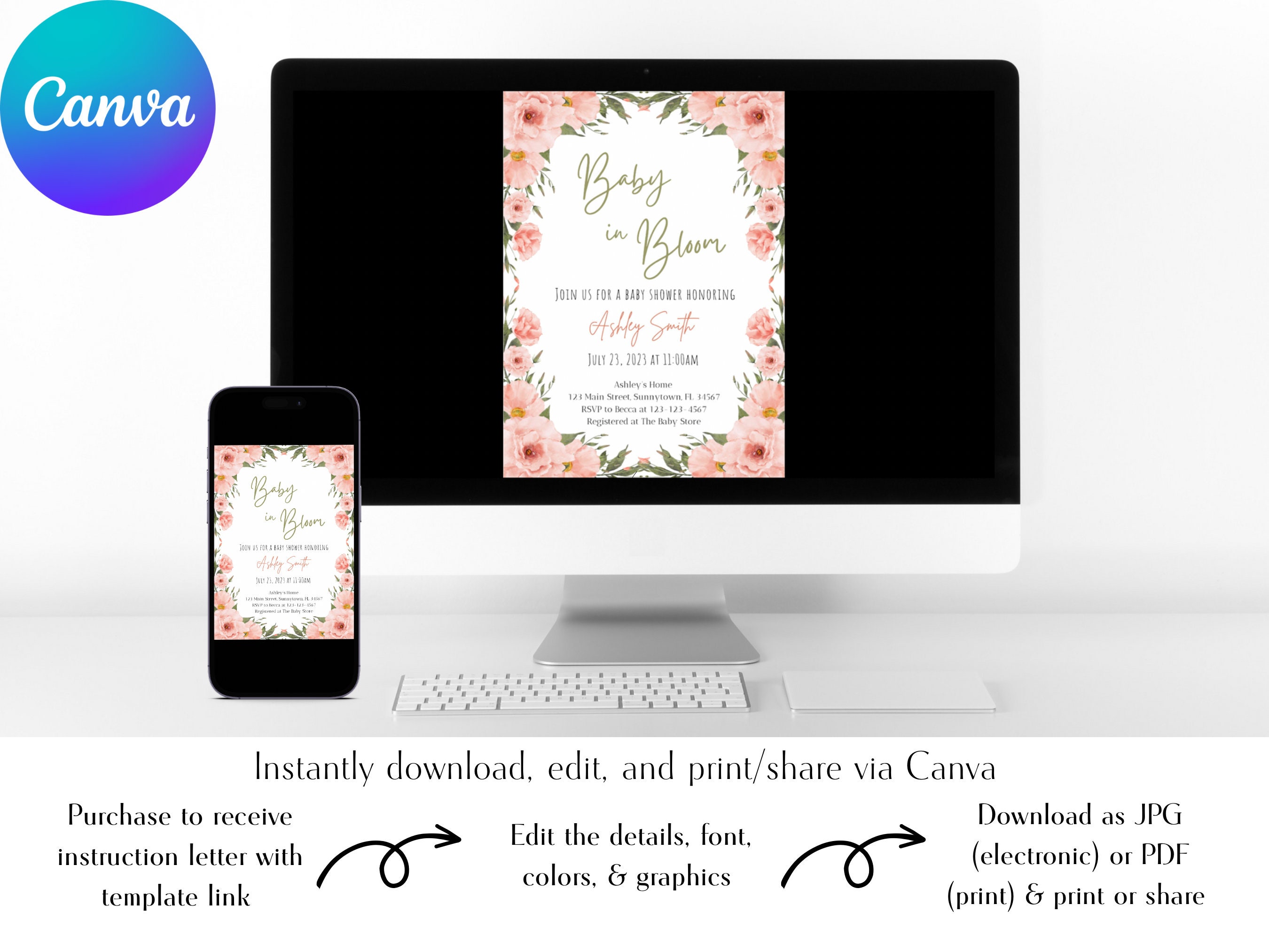 Editable Spring Baby Shower Invitation Template, Pink Floral Baby ...