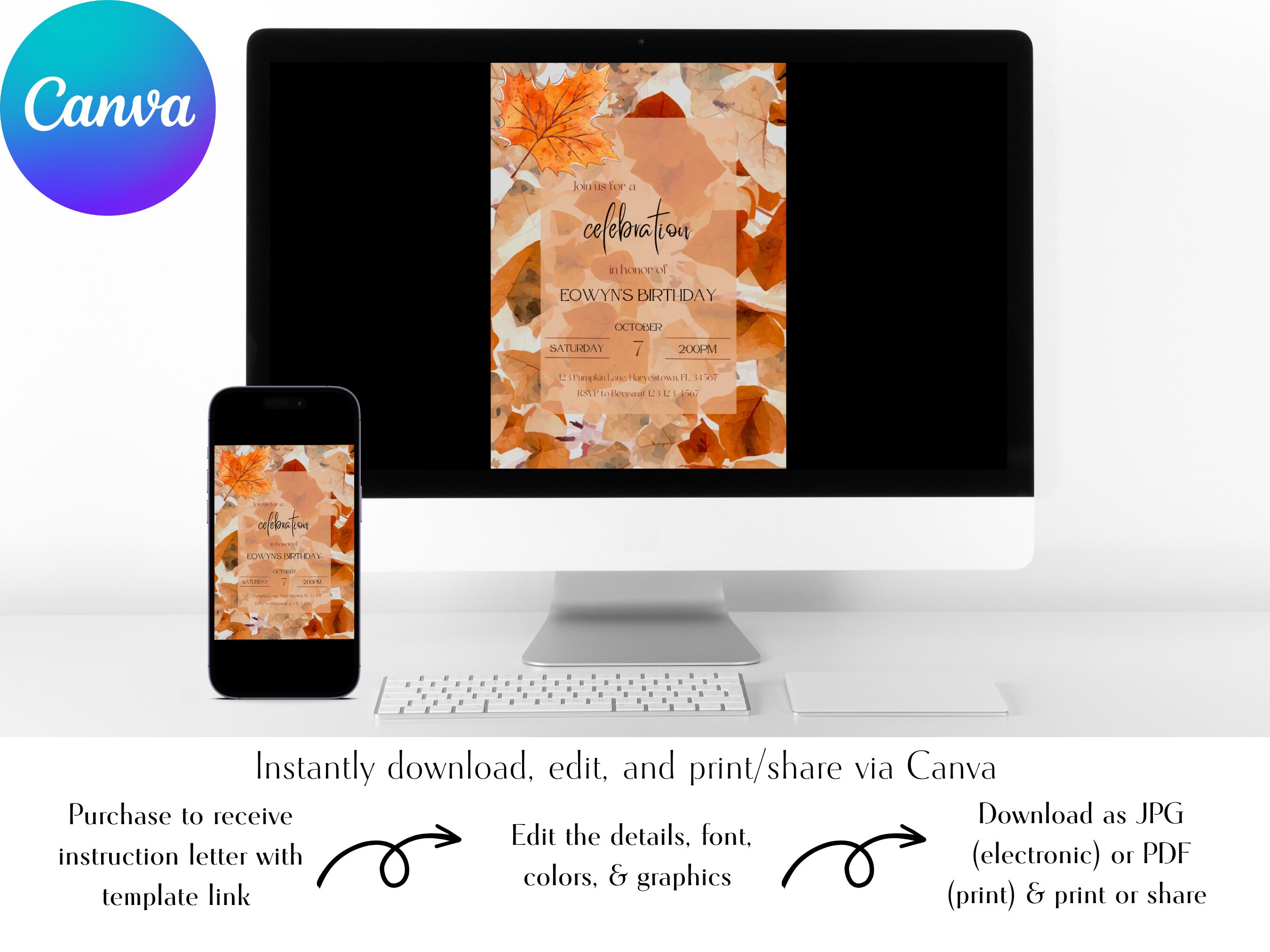 Editable Fall Birthday Invitation Template: Autumn Leaves Party Invite ...