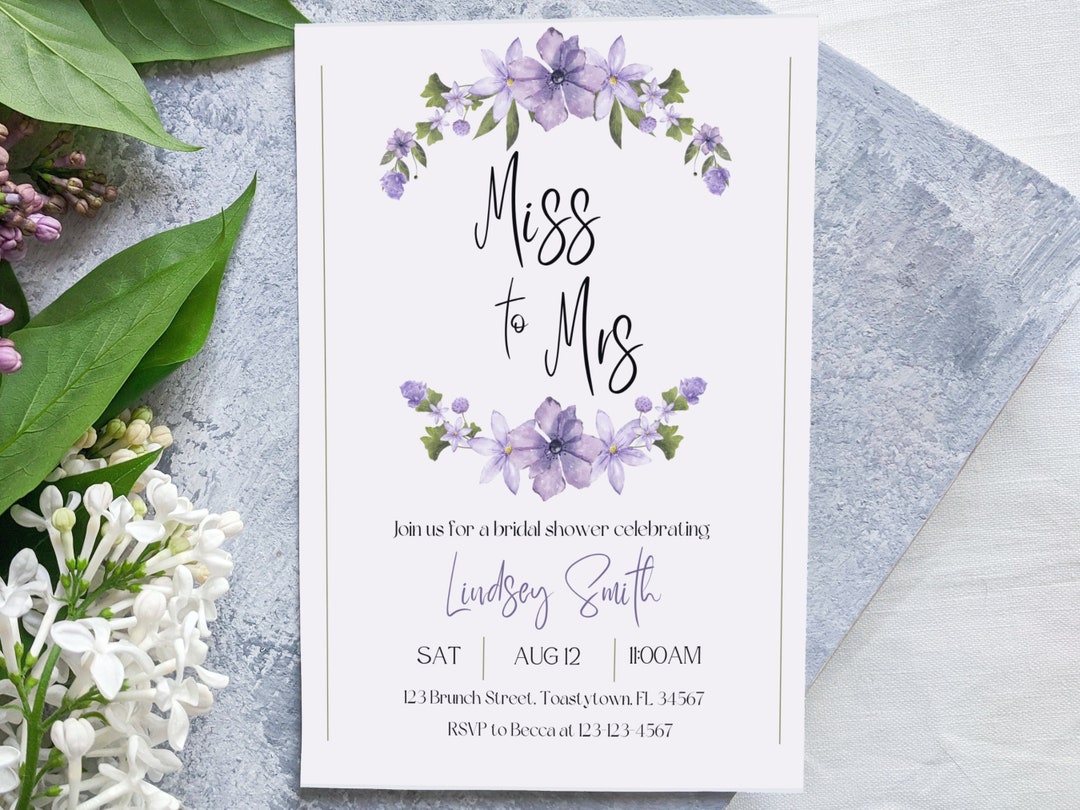 Editable Miss to Mrs Bridal Shower Invitation Template, Purple Flower ...