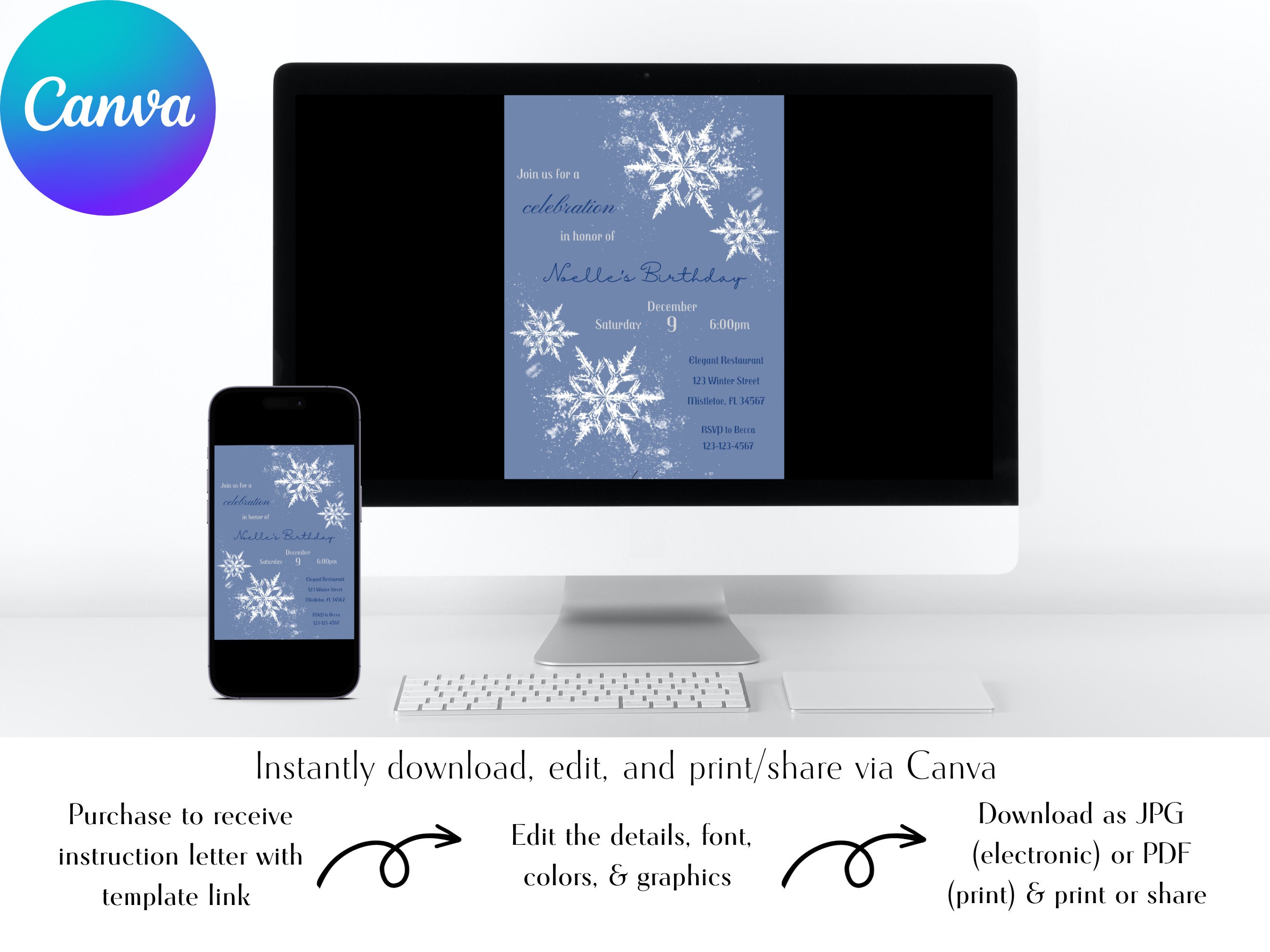 Editable Winter Birthday Invitation Template, Snowflakes Invitation - Etsy