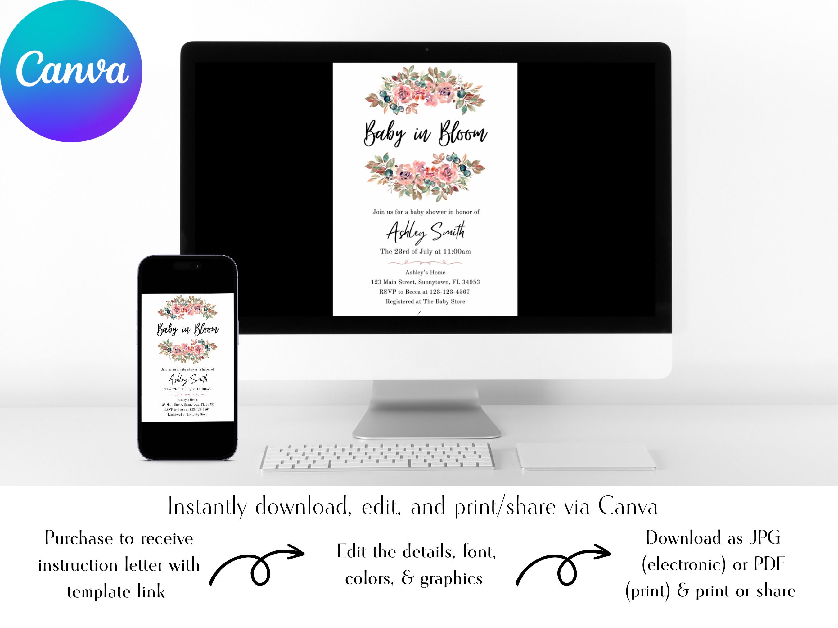 Editable Spring Baby Shower Invitation Template, Pink Floral Baby ...