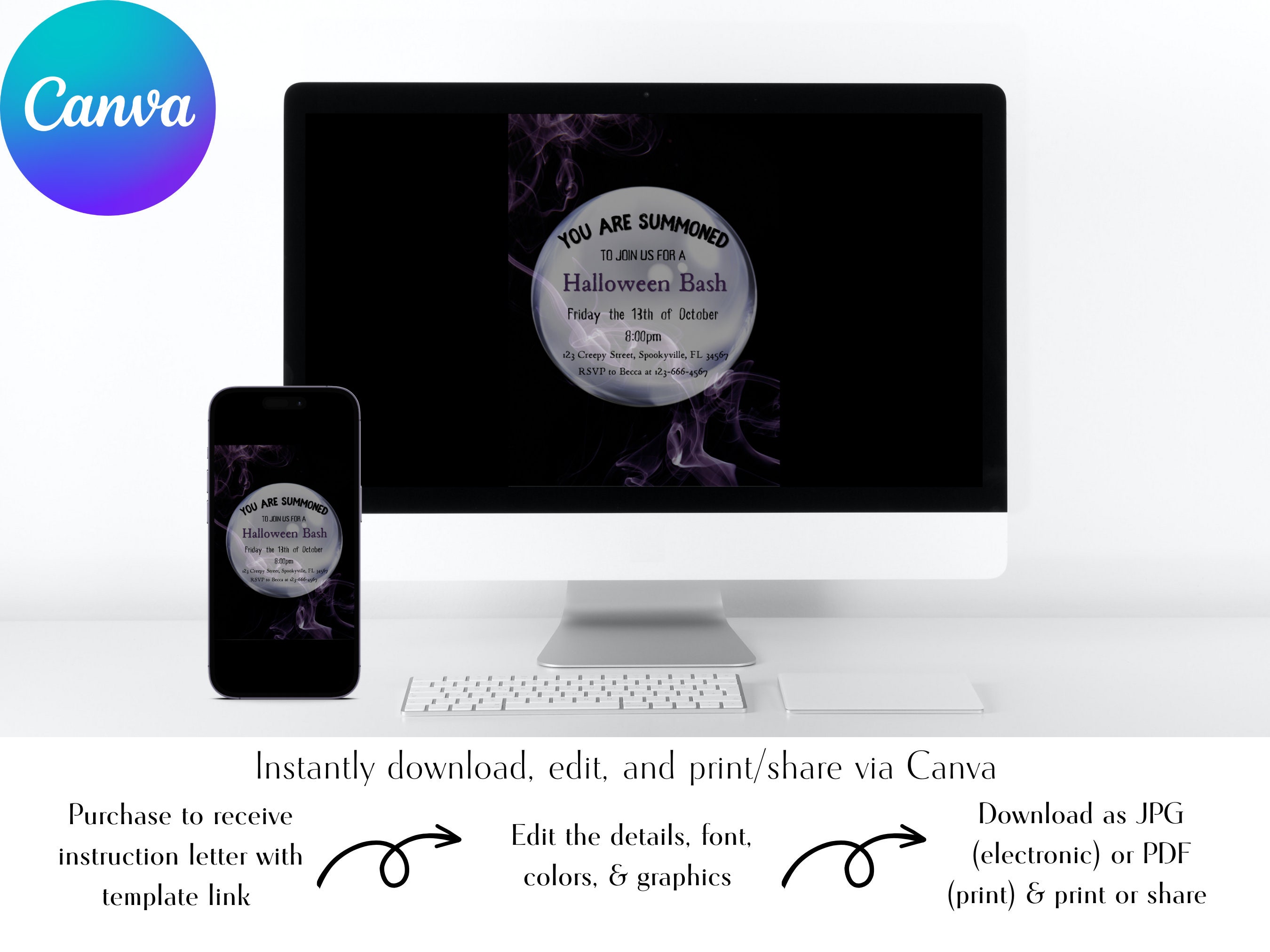 Editable Halloween Party Invitation Template: Crystal Ball, Spooky ...