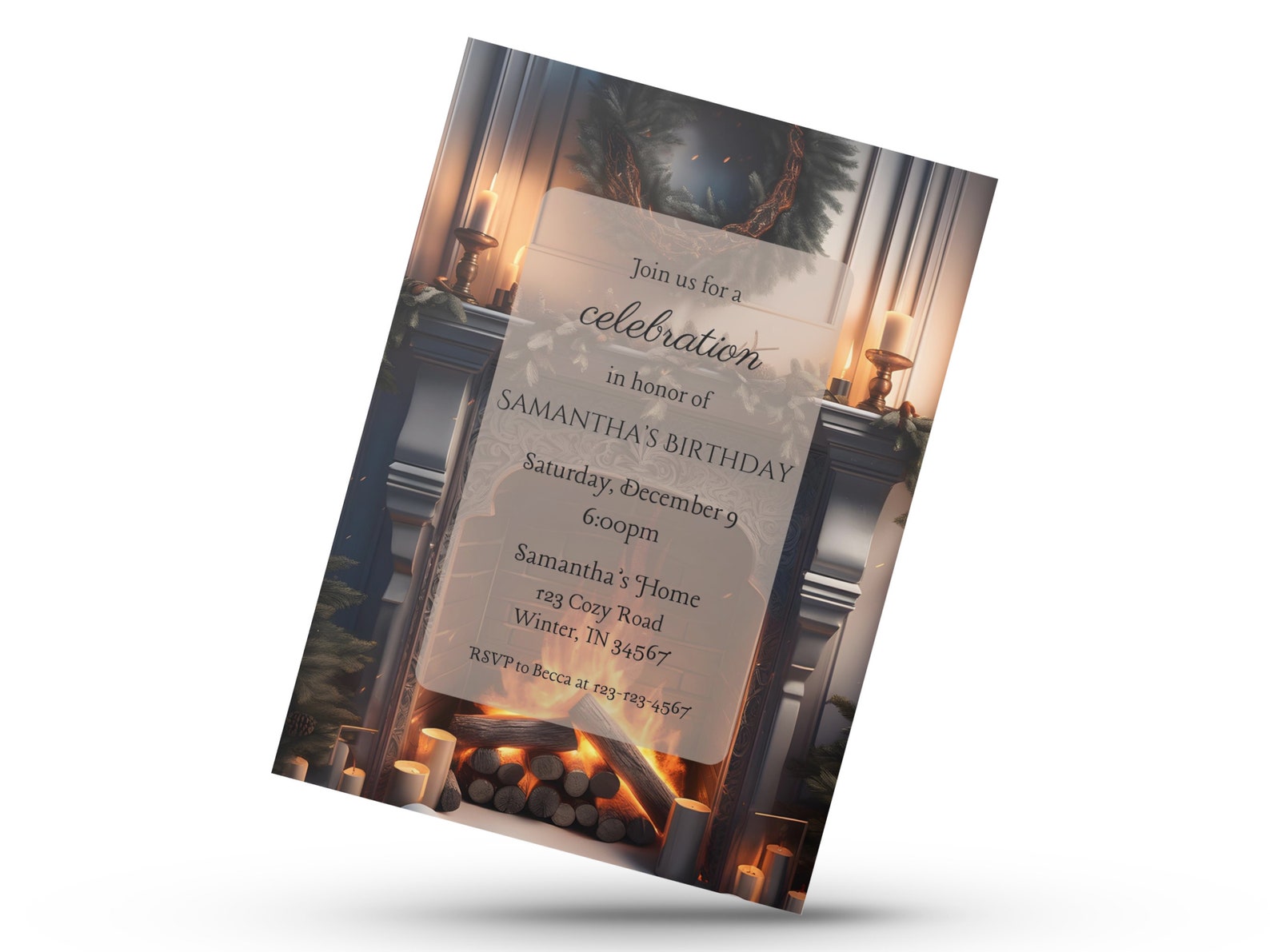Editable Winter Birthday Invitation Template, Fireplace Invitation ...
