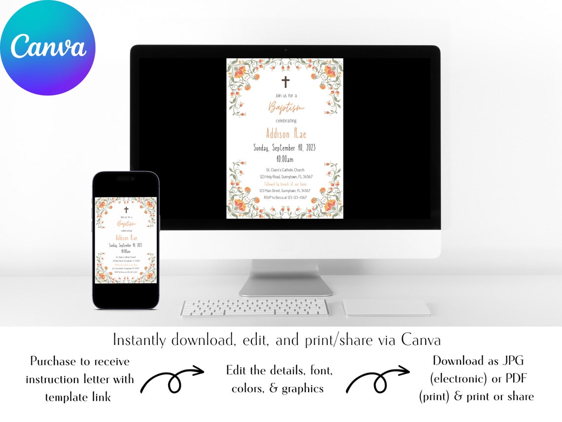 Editable Fall Baptism Invitation Template, Floral Baptism Invitation - Etsy