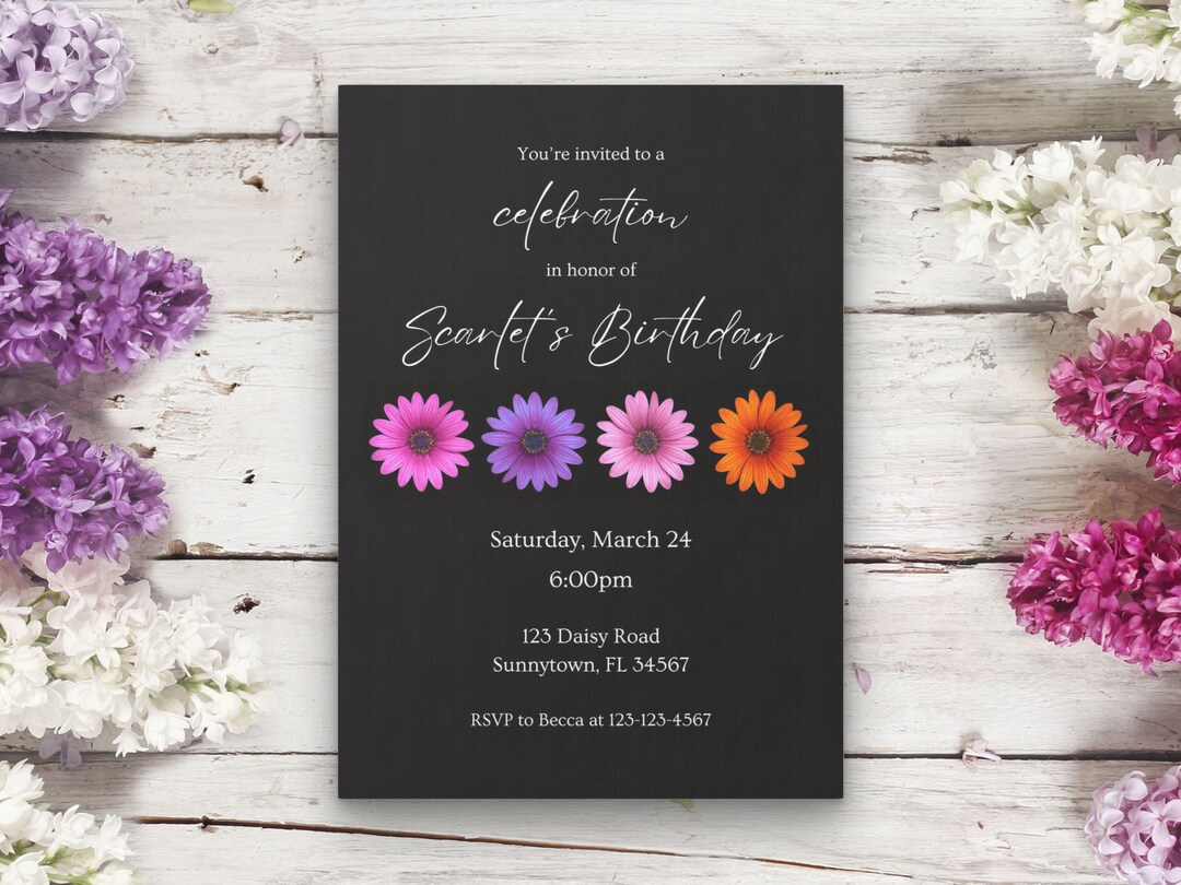 Editable Dark Daisy Birthday Invitation Template, Girls Birthday ...