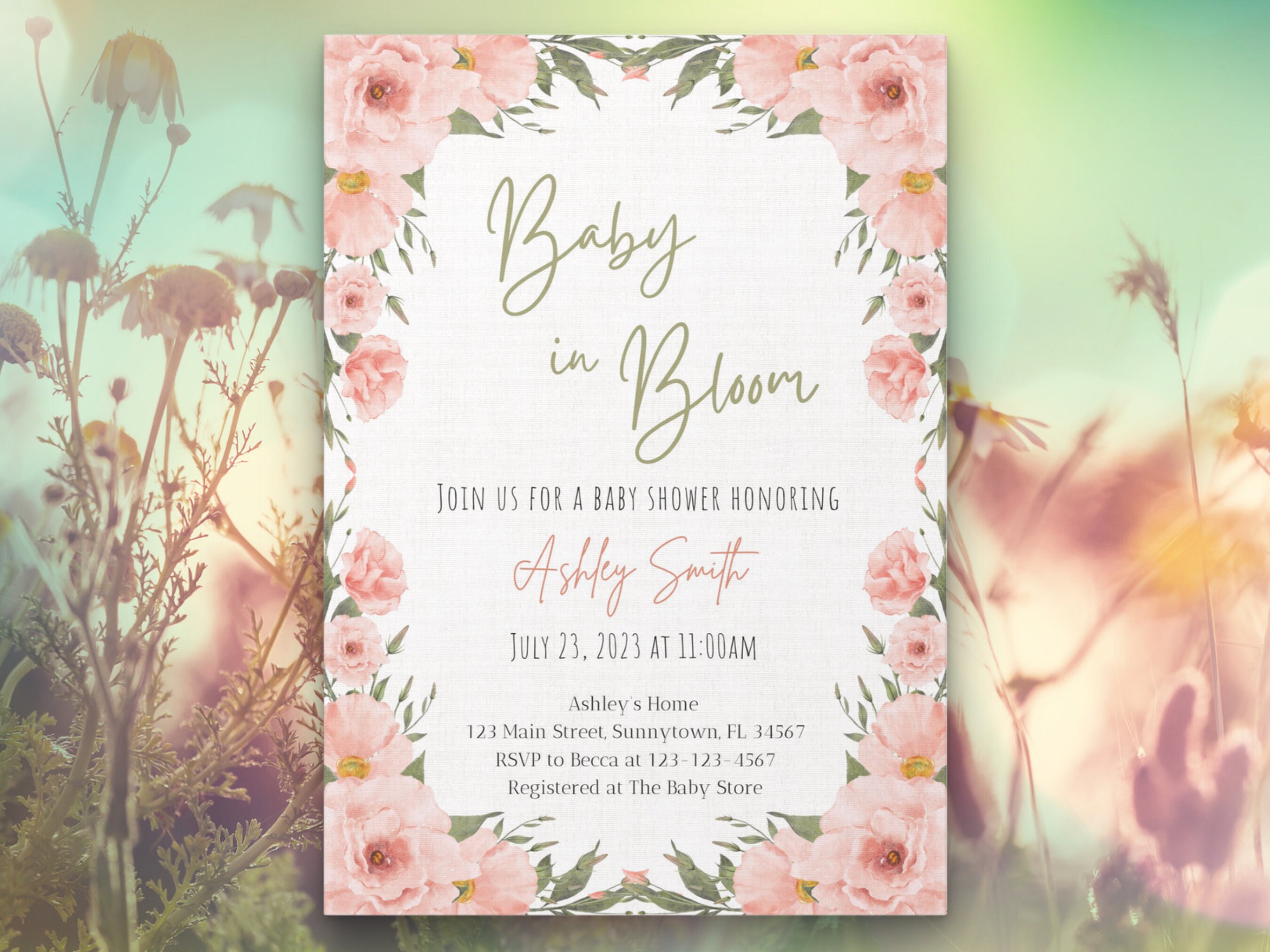 Editable Spring Baby Shower Invitation Template, Pink Floral Baby ...