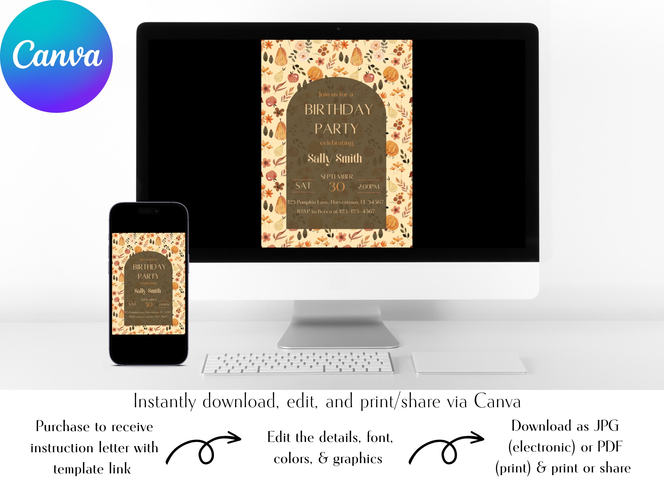 Editable Fall Birthday Invitation Template, Boho Fall, Pumpkin, Party ...