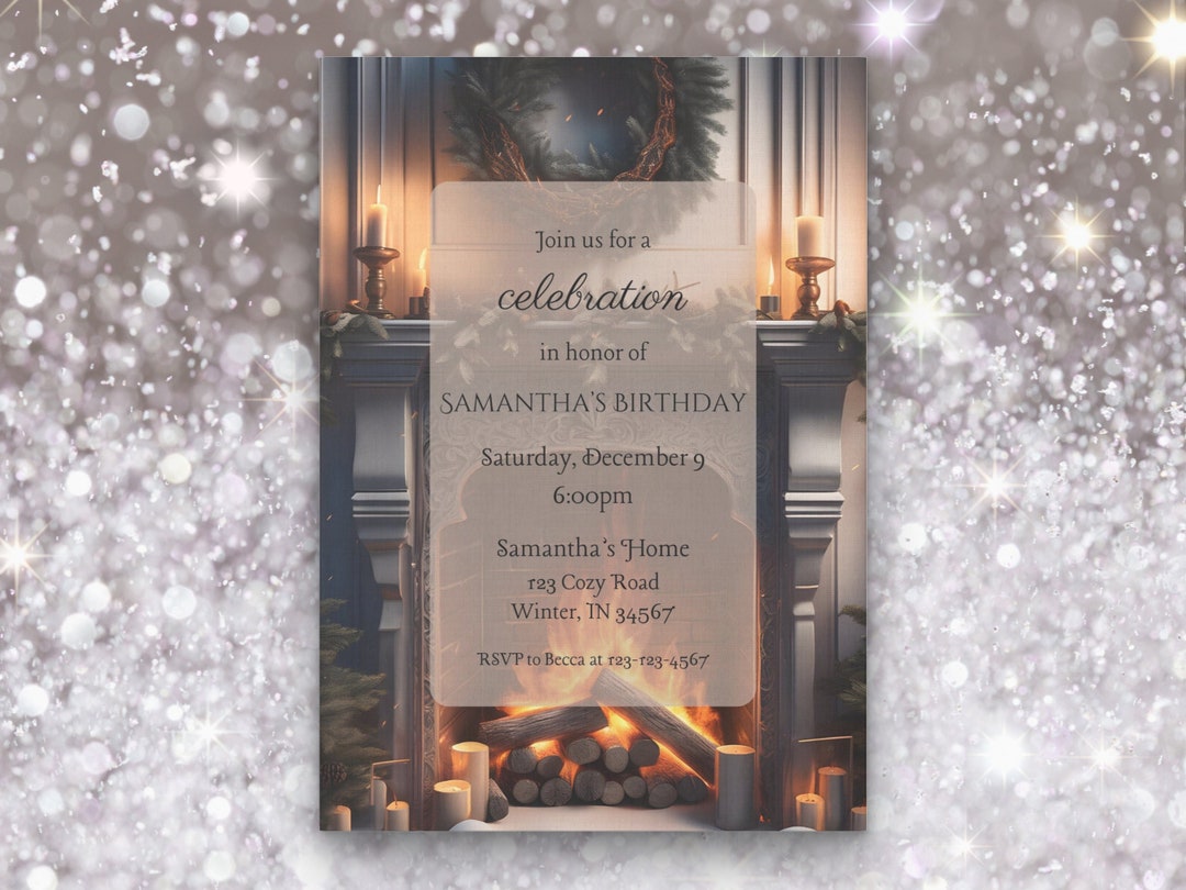 Editable Winter Birthday Invitation Template, Fireplace Invitation ...