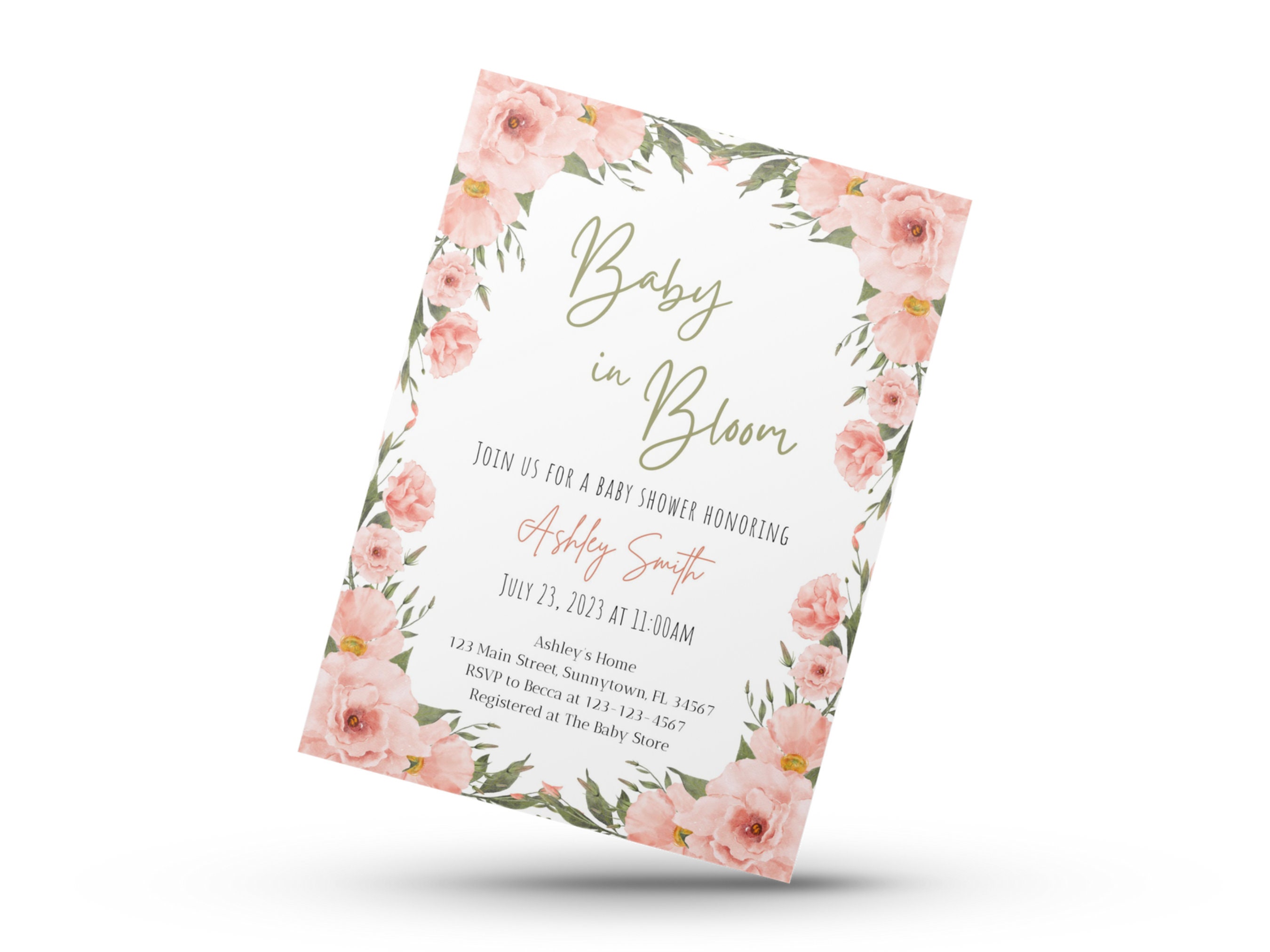 Editable Spring Baby Shower Invitation Template, Pink Floral Baby ...