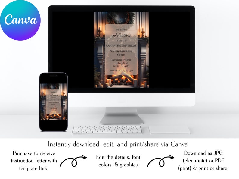 Editable Winter Birthday Invitation Template, Fireplace Invitation ...