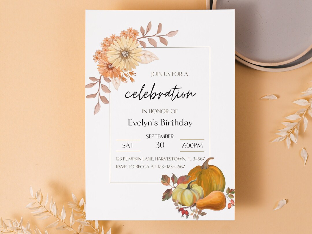 Editable Fall Birthday Invitation Template, Minimalist Fall Invitation ...