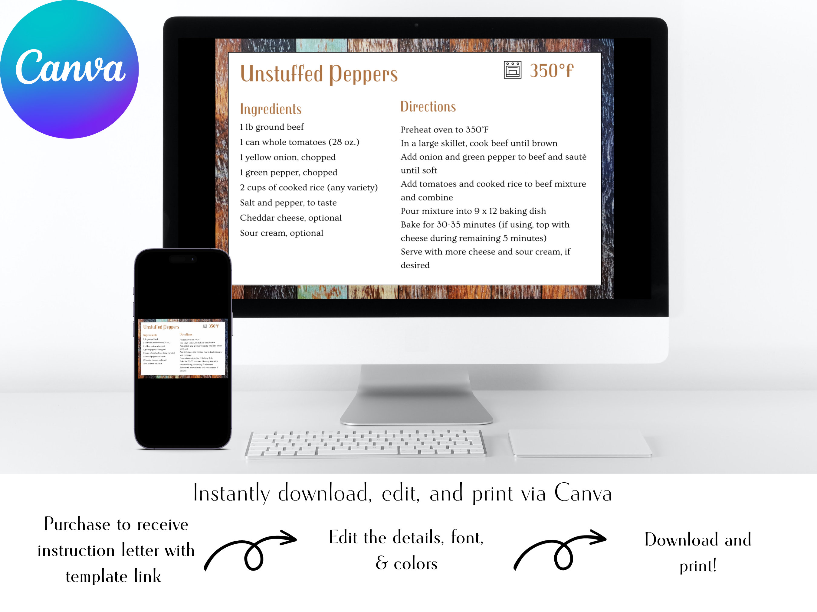 Editable Recipe Card Template, Rustic Recipe Card, Digital Recipe Card ...