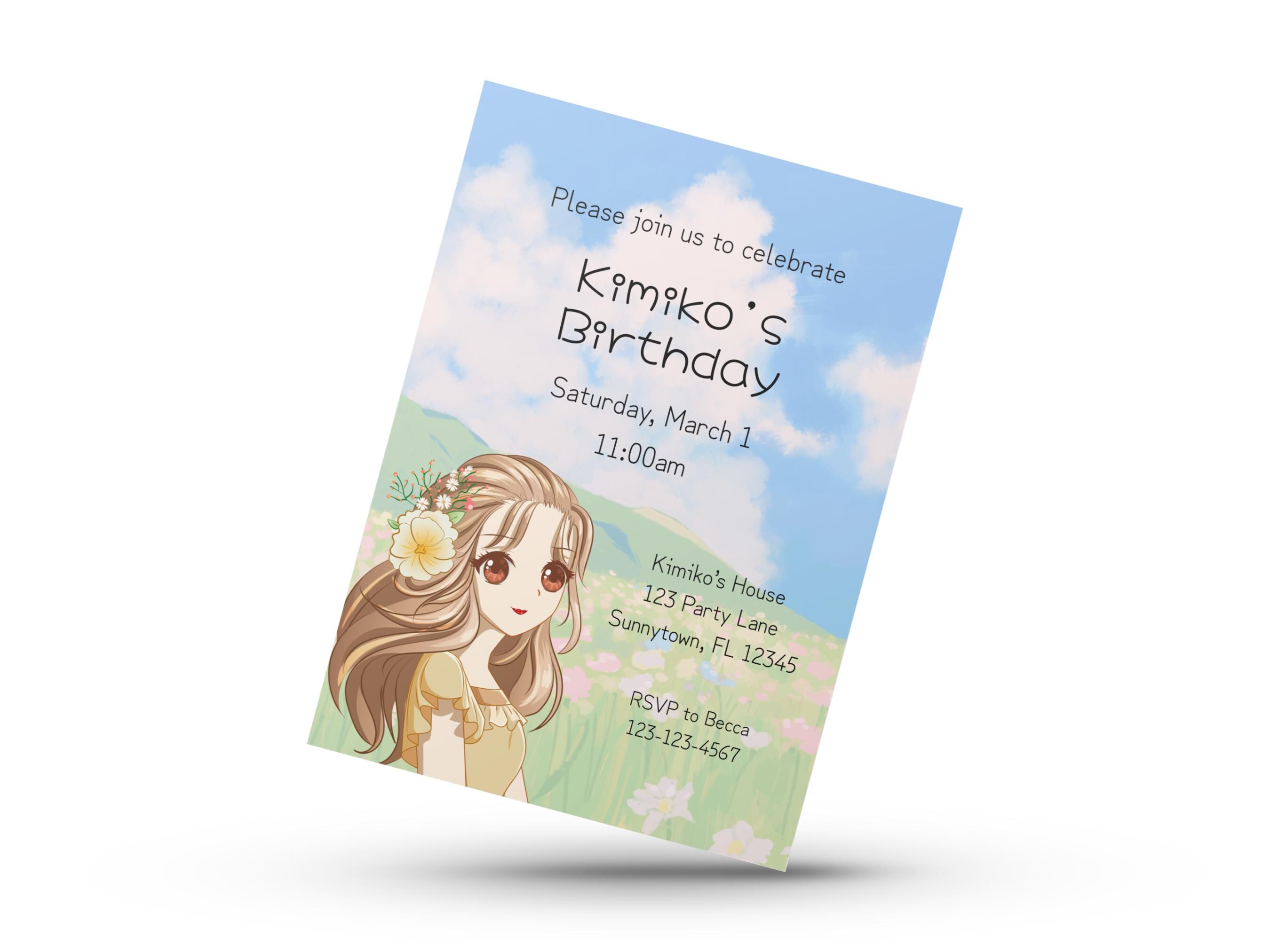 Editable Anime Birthday Invitation Template, Girls Birthday Party ...