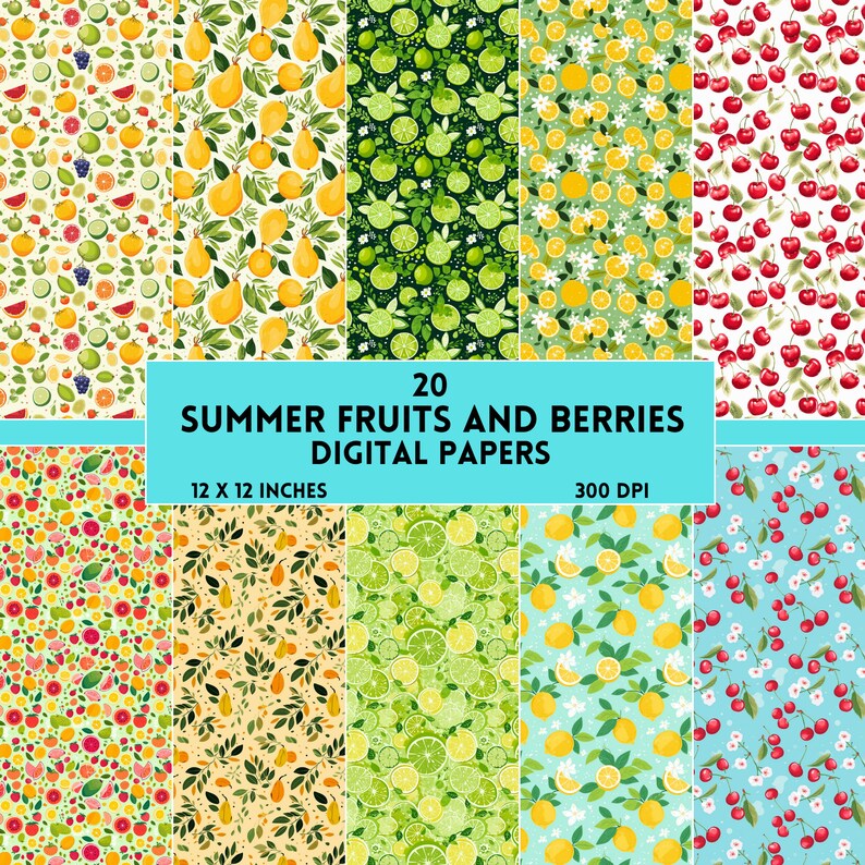 Summer Fruits, Summer Berries, Digital Paper, Summer Scrapbook Papers ...
