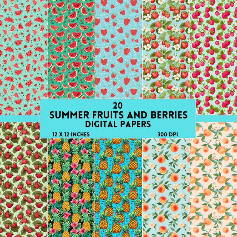 Summer Fruits, Summer Berries, Digital Paper, Summer Scrapbook Papers ...