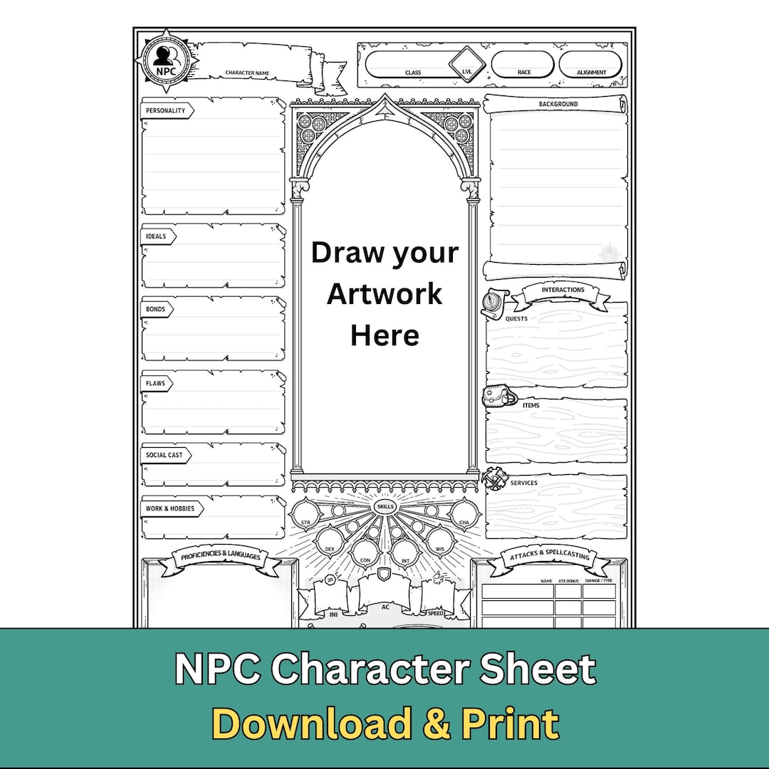 Dnd 5e Fillable NPC Character Sheet Compatible With Fifth Edition ...