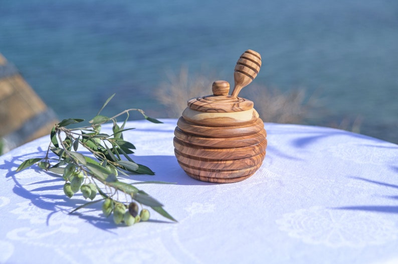 Olive Wood Honey Pot,wooden Honey Jar, Handmade Honey Pot With Dipper ...