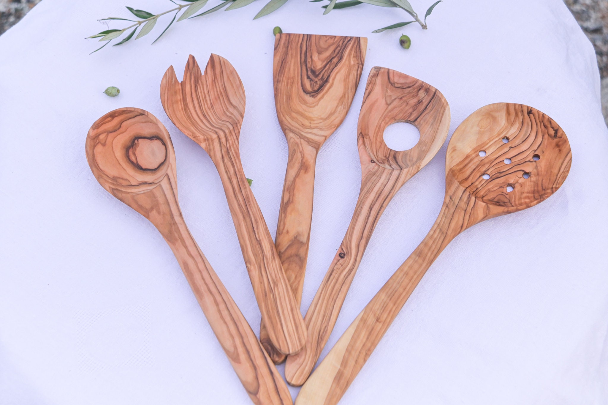 Olive Wood Kitchen Utensils, Set of 5 Cooking Utensils, Handmade Wooden ...