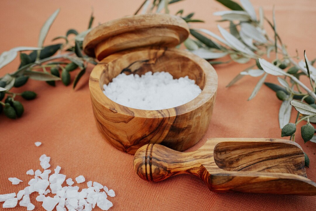 Olive Wood Salt Cellar, Handmade Wooden Salt Jar, Olive Wood Spice Box ...