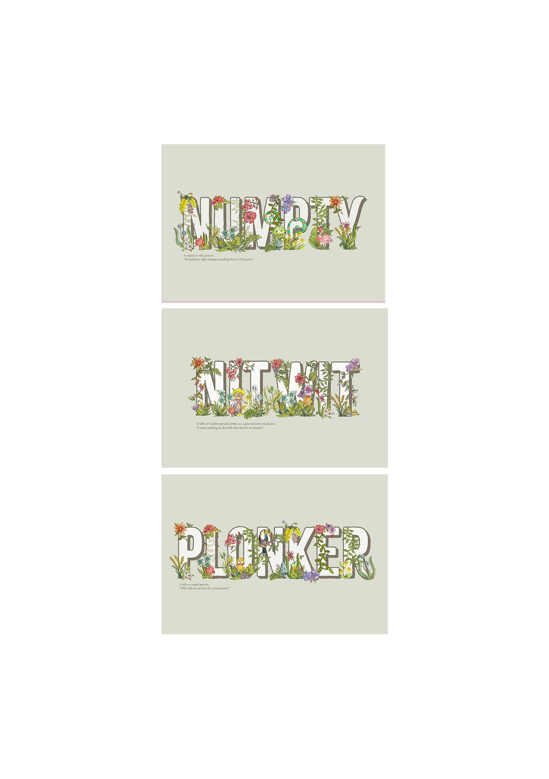 Insult Art Illustration / Set of Three / Plonker / Numpty / Nitwit - Etsy