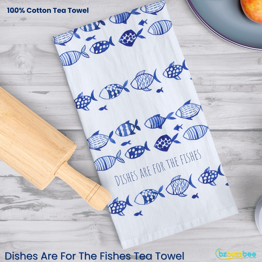 Fish Print Cotton Tea Towel, Dishes Are for the Fishes, Coastal Kitchen ...