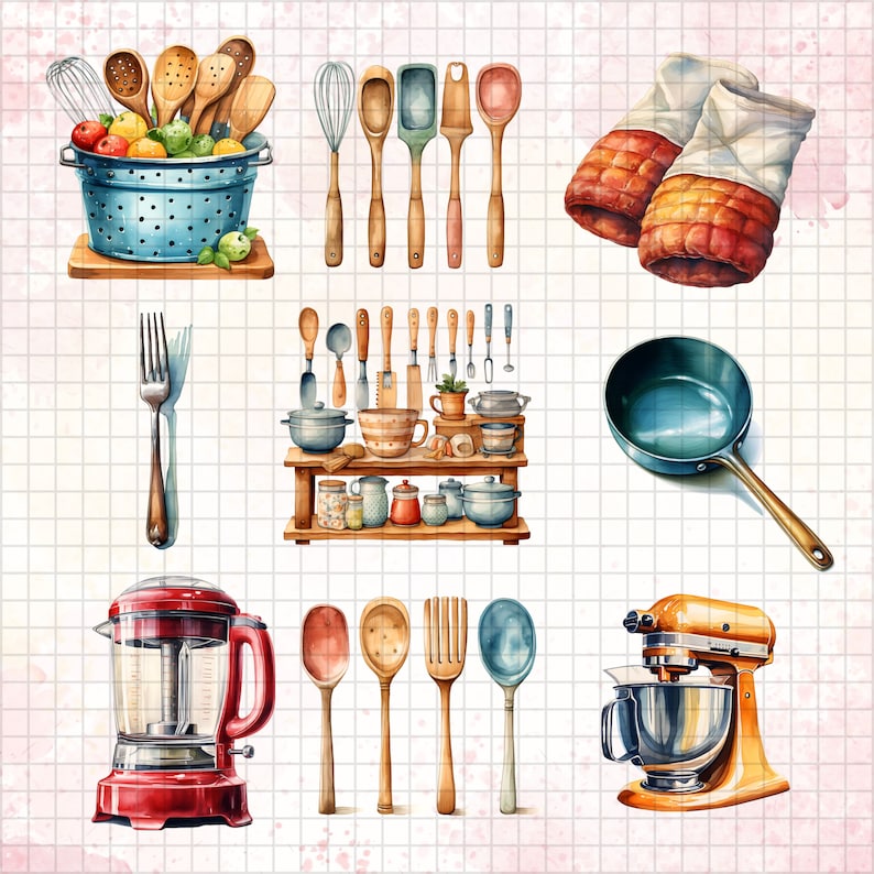 Cooking Tools Clipart Bundle, Set, Watercolor, Kitchen Utensils, Chef ...