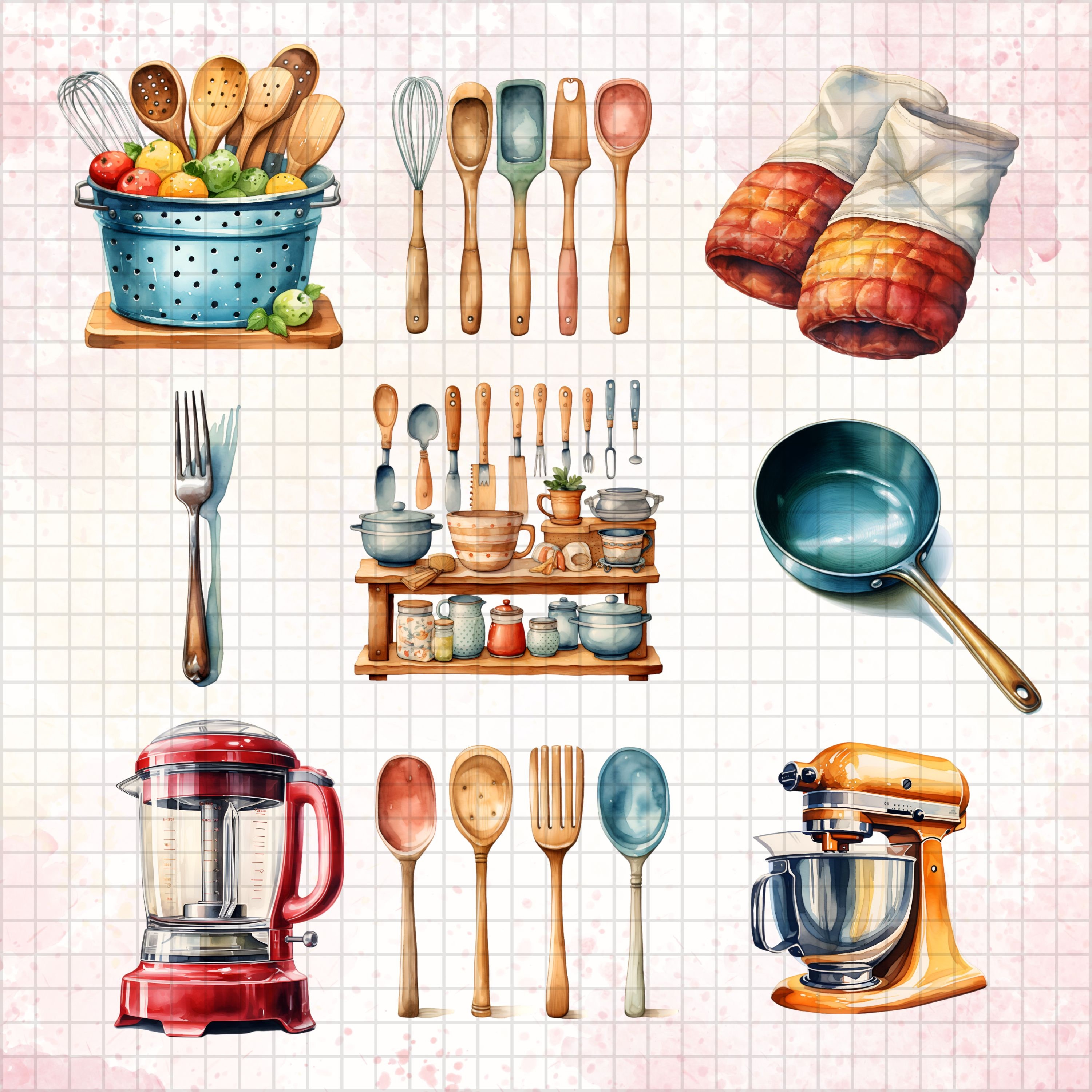 Cooking Tools Clipart Bundle, Set, Watercolor, Kitchen Utensils, Chef ...