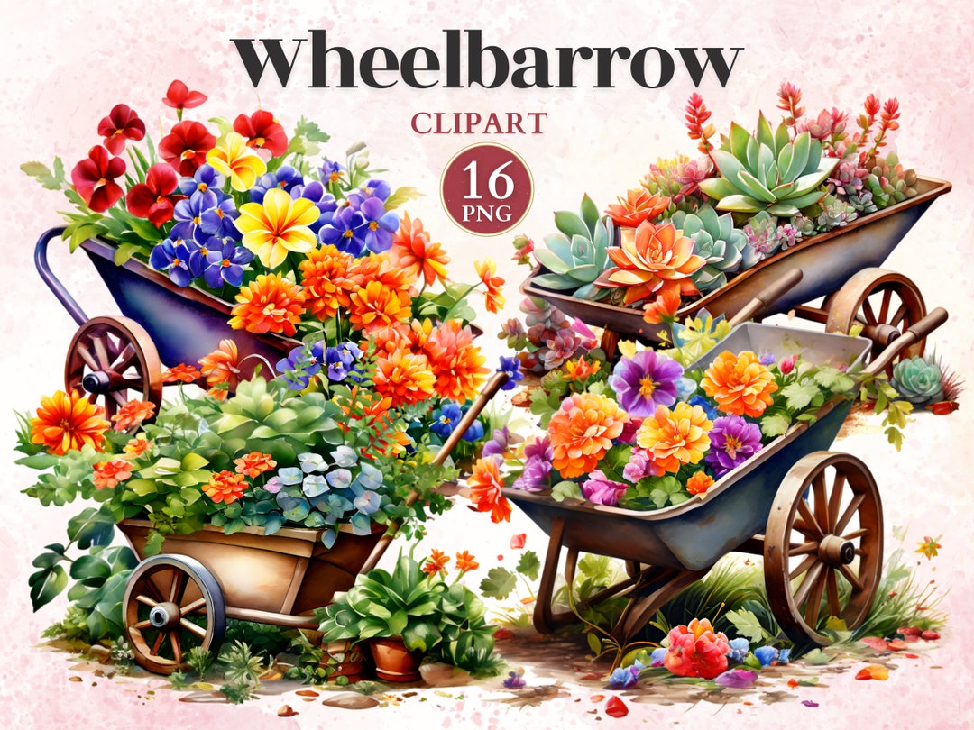 Wheelbarrow Clipart, Floral Wheelbarrow, Garden Graphics, Flower Vector ...