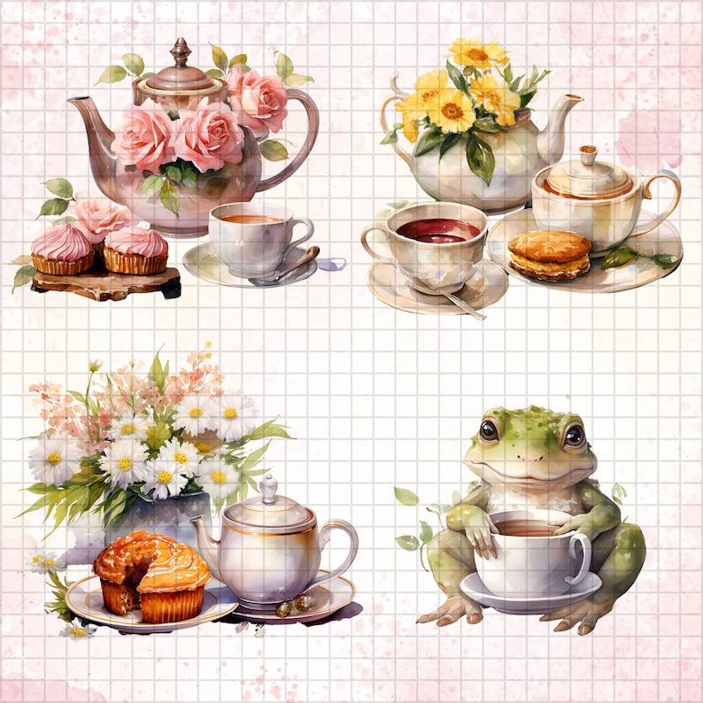 Tea Time Clipart, Vintage Tea Set, Watercolor Teapot Mug, Magical Tea ...