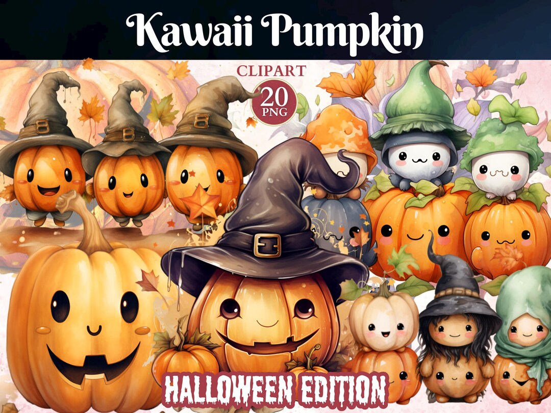 Kawaii Cute Pumpkin Clipart, Watercolor Halloween Clipart, Fall Autumn ...