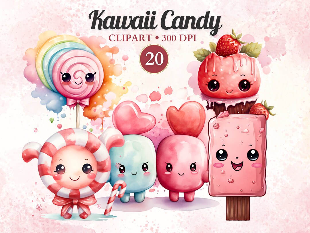 Kawaii Candy Clipart, Watercolor, Kawaii Food Clipart Set, Cute Food ...