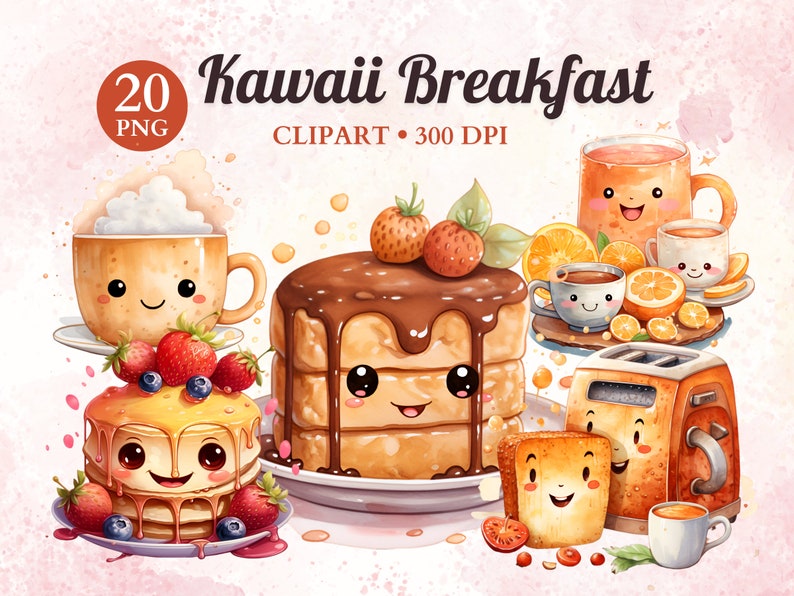 Kawaii Breakfast Clipart Watercolor Kawaii Food Clipart Set - Etsy