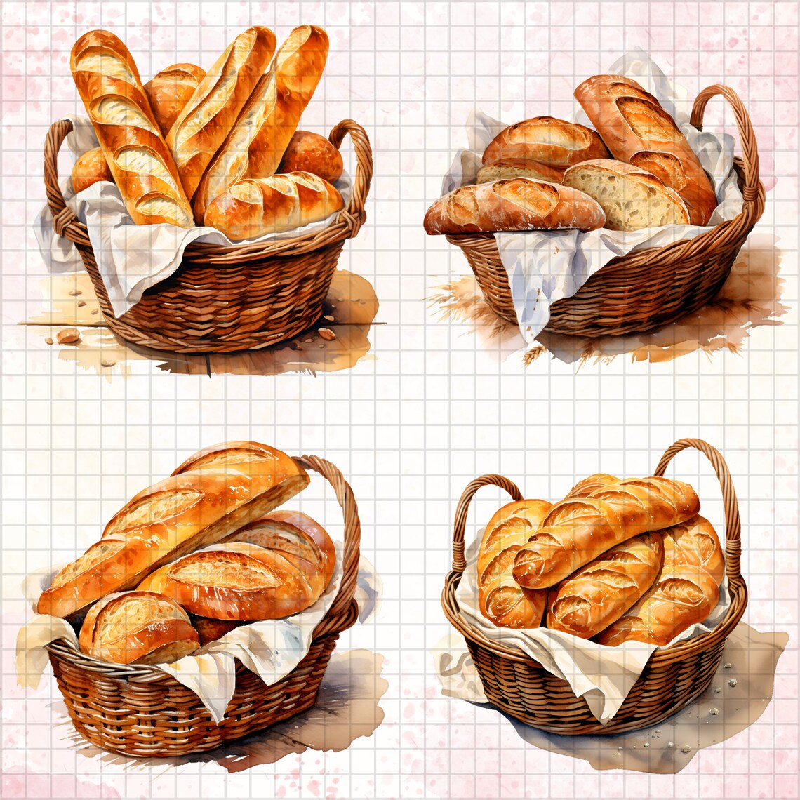 Bread Basket Clipart, Food Clipart Bundle, Bakery Clipart, Baguette Png ...