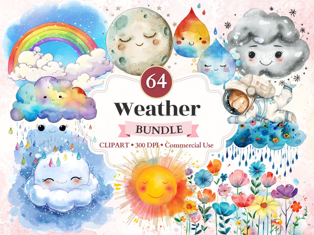 Weather Clipart Bundle, Sky Background, Kawaii Weather, Rainy Day ...