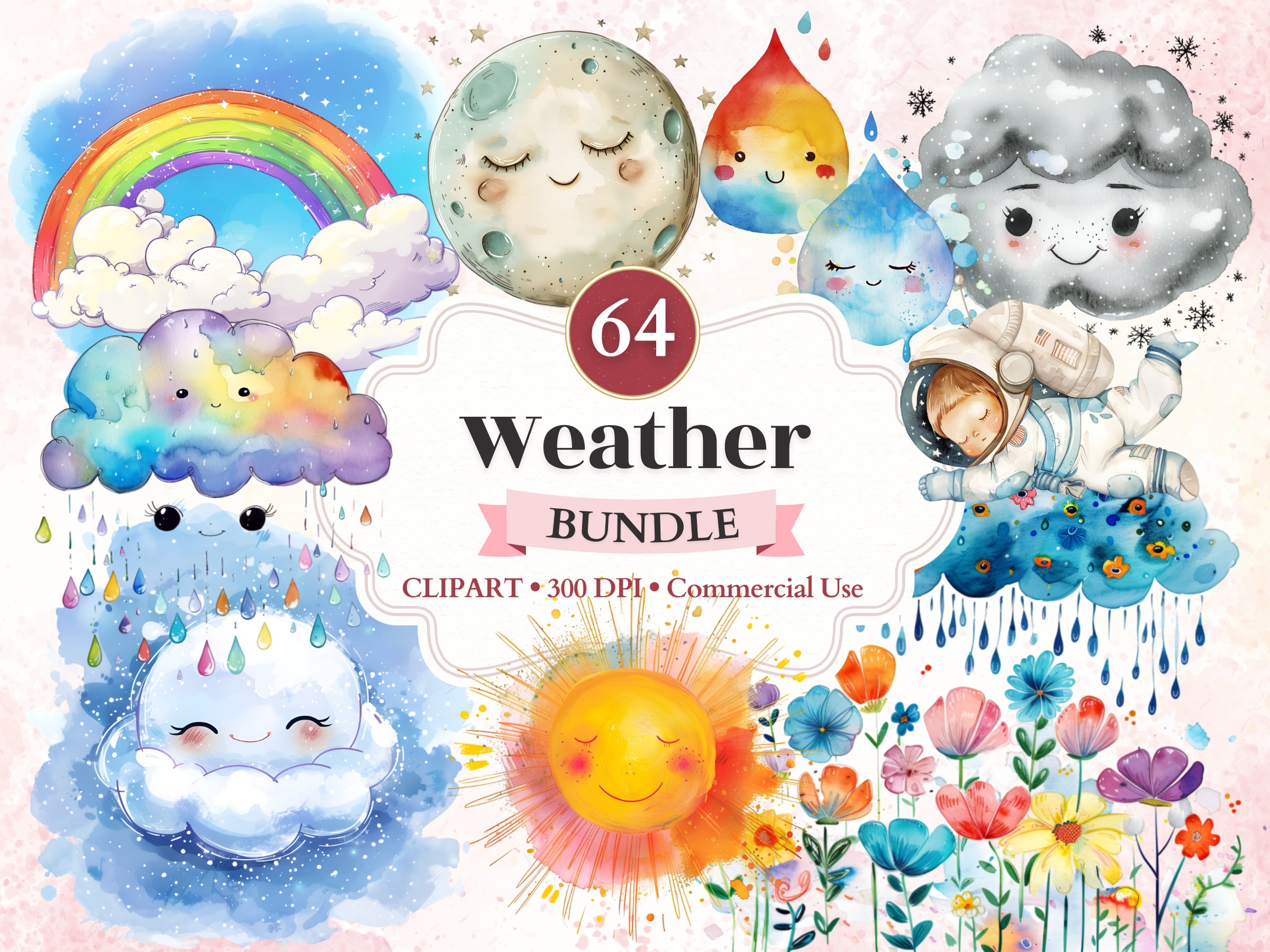 Weather Clipart Bundle, Sky Background, Kawaii Weather, Rainy Day ...