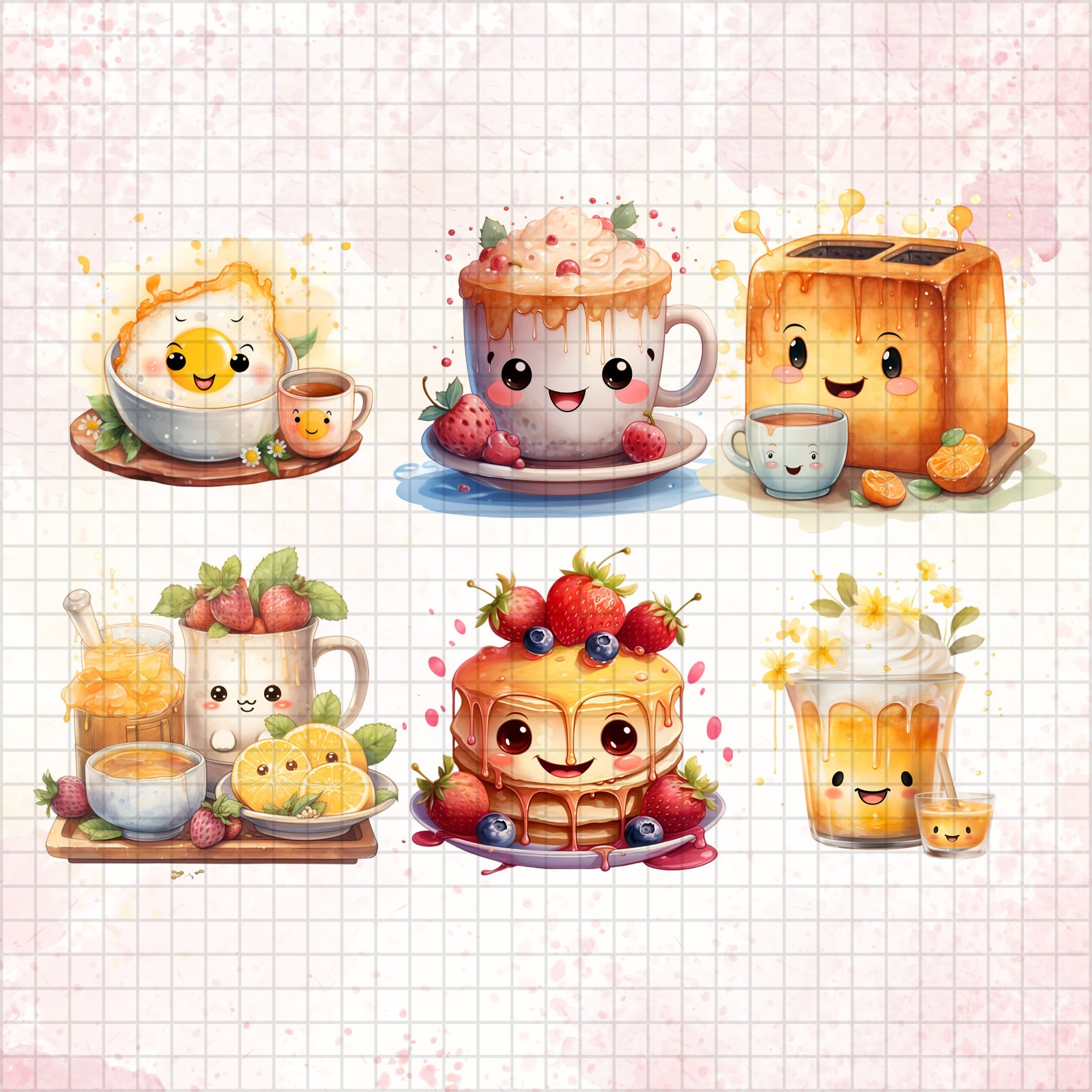 Kawaii Breakfast Clipart, Watercolor, Kawaii Food Clipart Set, Cute ...