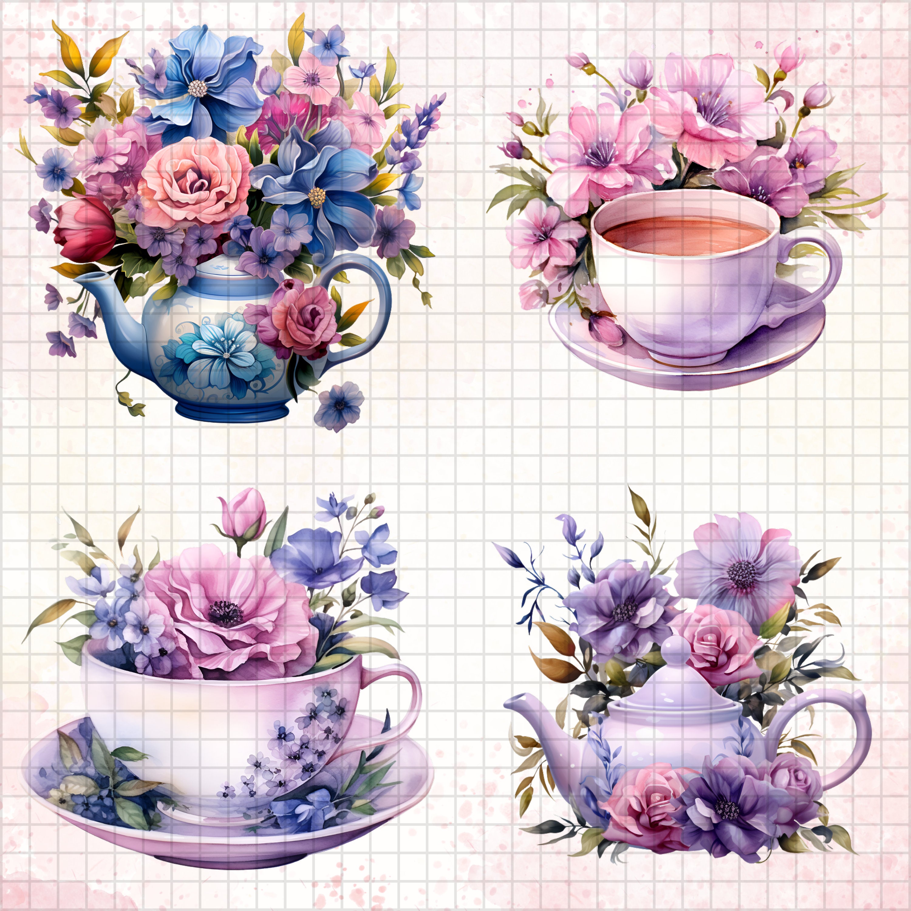 Floral Tea Time Clipart, Vintage Floral Tea, Tea Time Clipart ...