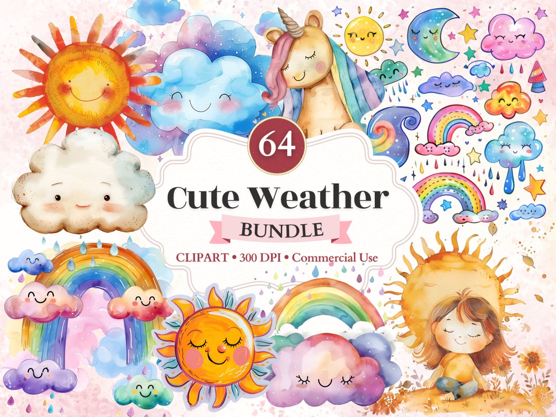 Cute Weather Clipart Bundle, Kawaii Rainbow, Cute Sun Clipart, Kawaii ...