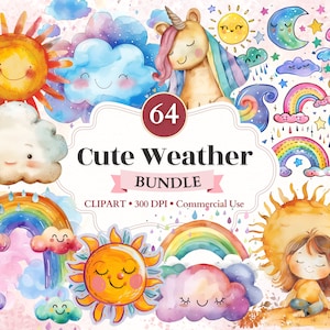 Cute Weather Clipart Bundle, Kawaii Rainbow, Cute Sun Clipart, Kawaii ...