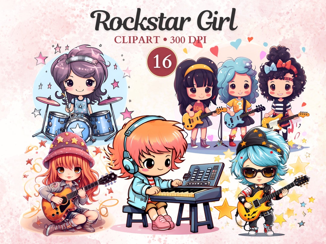 Rockstar Girl Clipart, Cute Rockstar, Band Png, Guitarist, Drummer ...
