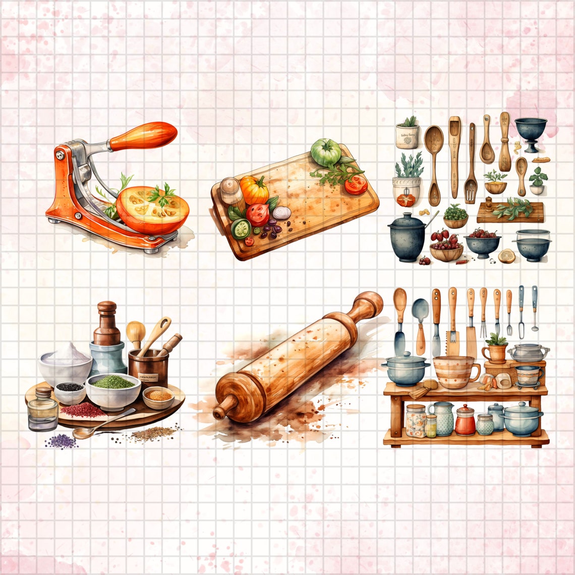Kitchen Tools Clipart Bundle, Set, Watercolor, Cooking Tools Clipart ...