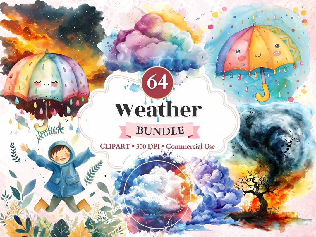 Weather Clipart Bundle, Storm Clipart, Tornado Png, Rainy Day, Umbrella ...