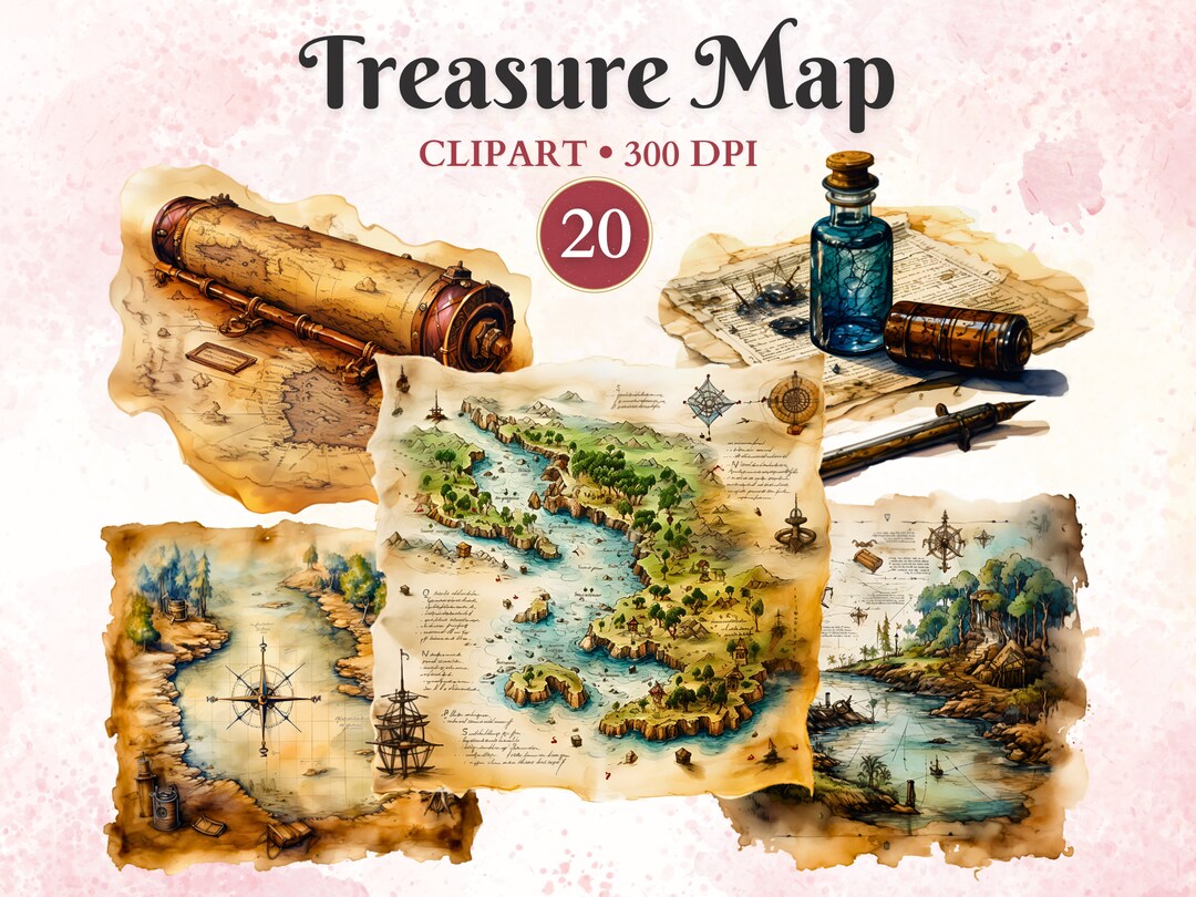 Treasure Map Clipart, Watercolor, Pirate Clipart, Party, Birthday ...