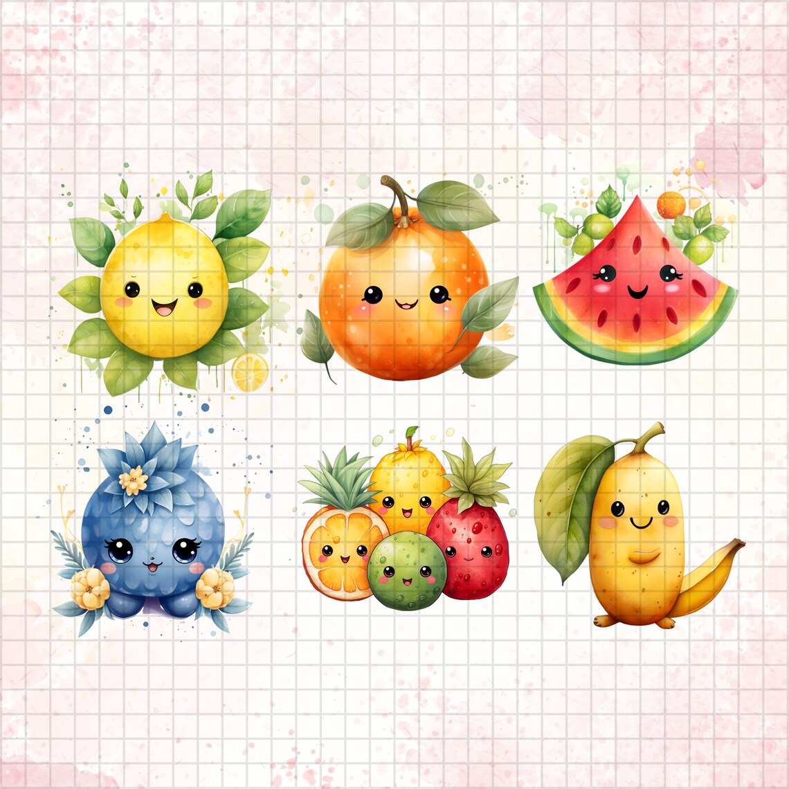 Kawaii Fruits Clipart Watercolor Kawaii Food Clipart Set - Etsy